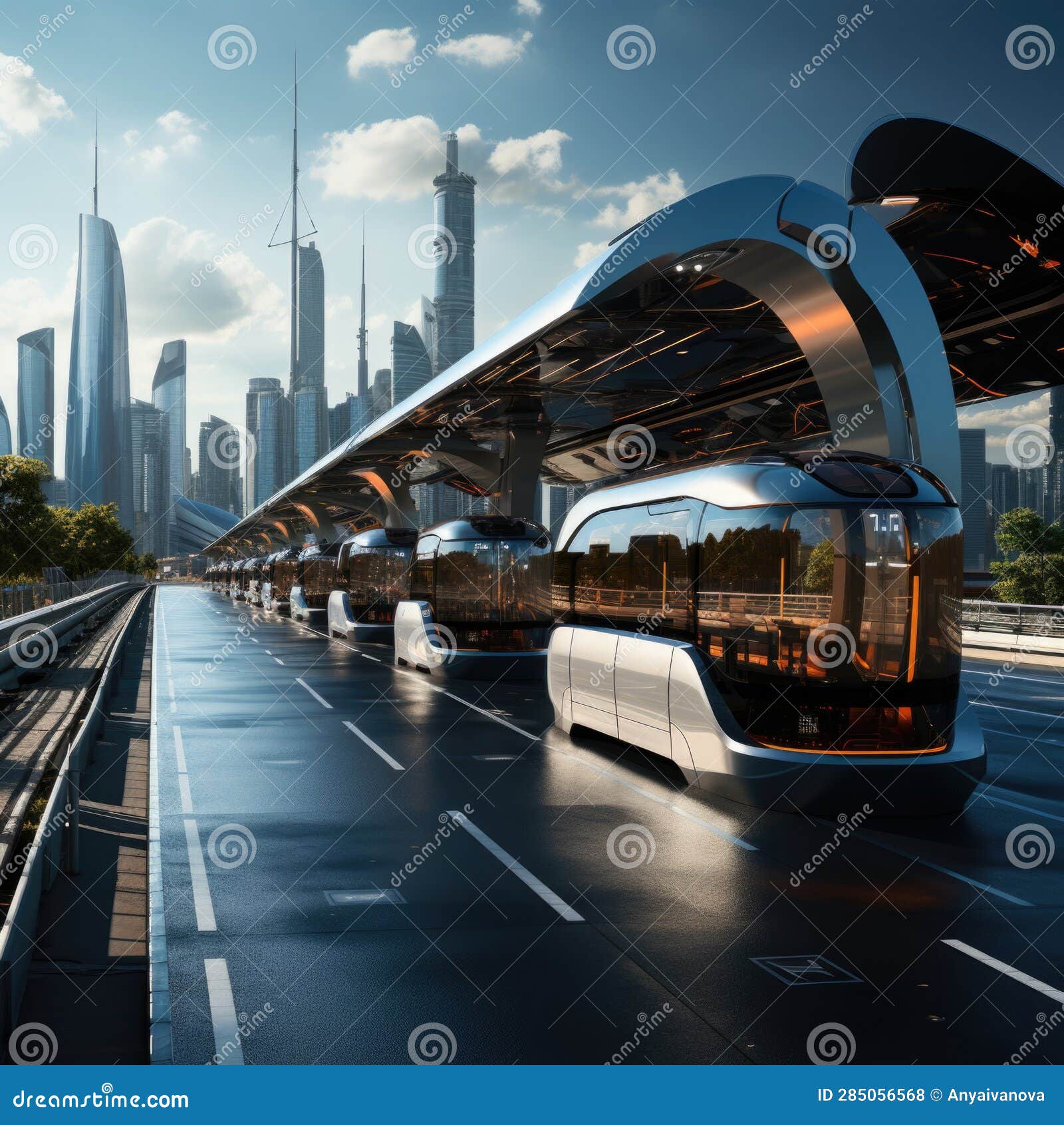 A Group of Buses Driving Down a Street Next To Tall Buildings. Digital ...