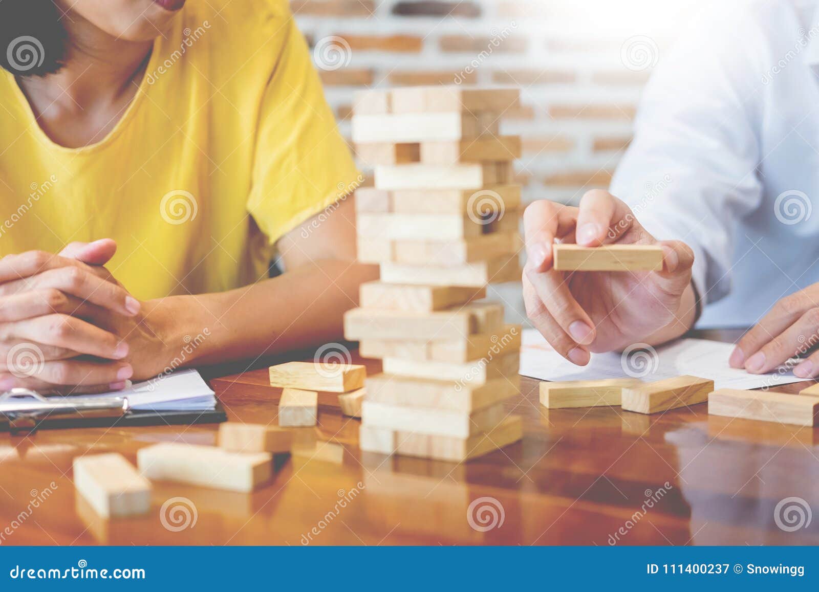 Group of Business Creative People Building Tower by Wooden Block Stock ...
