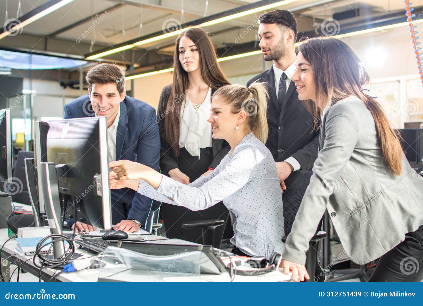 Group of Business People Working Around Computer. Stock Image - Image ...