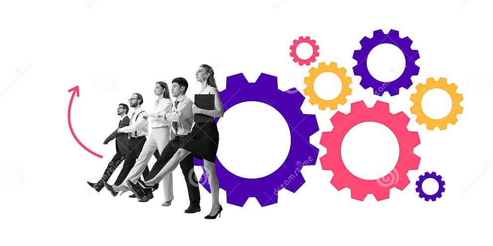 Group of Business Professionals Marching Forward, Supported by Moving Gears, Symbolizing ...