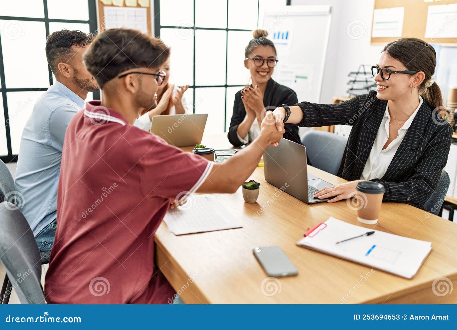 Group of Business Workers Smiling and Clapping To Partners Handshake at ...