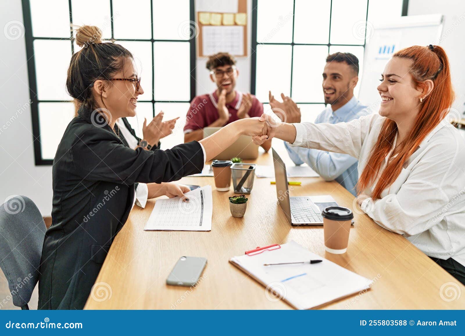 Group of Business Workers Smiling and Clapping To Partners Handshake at ...