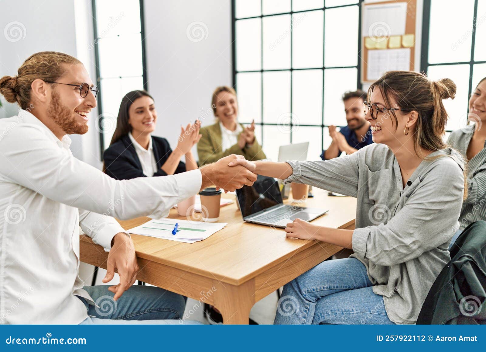Group of Business Workers Smiling and Clapping To Partners Handshake at ...
