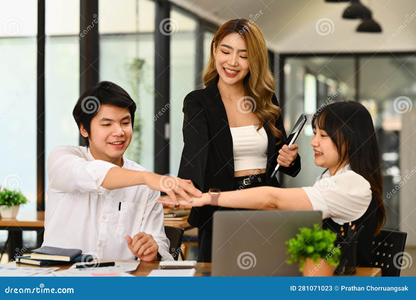 Group of Businesspeople Stacking Hands Together, Celebrating Completion ...