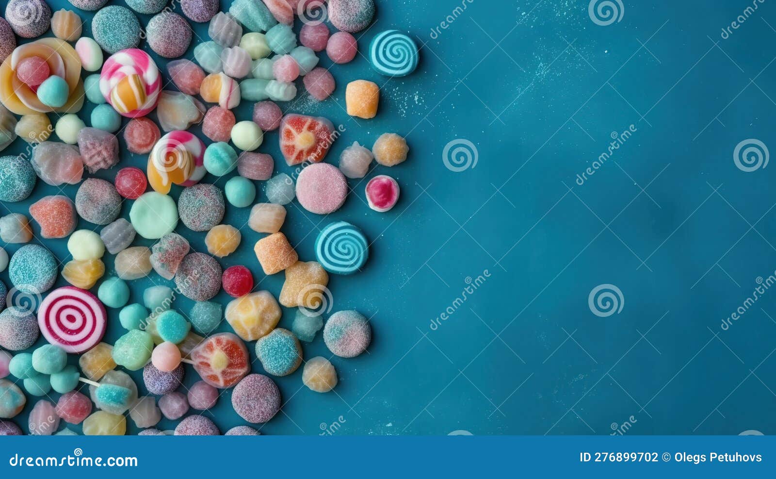 A Group of Candy Candies on a Blue Surface with a Blue Background Stock ...