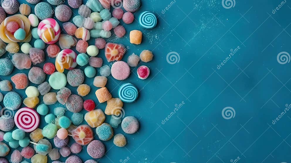 A Group of Candy Candies on a Blue Surface with a Blue Background Stock ...