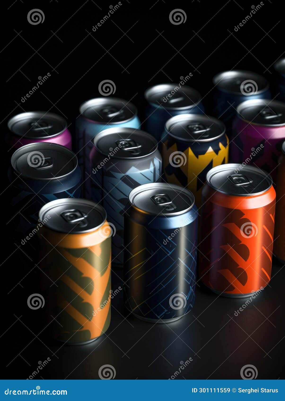 A Group of Cans with Different Designs on Them are Lined Up, AI Stock ...