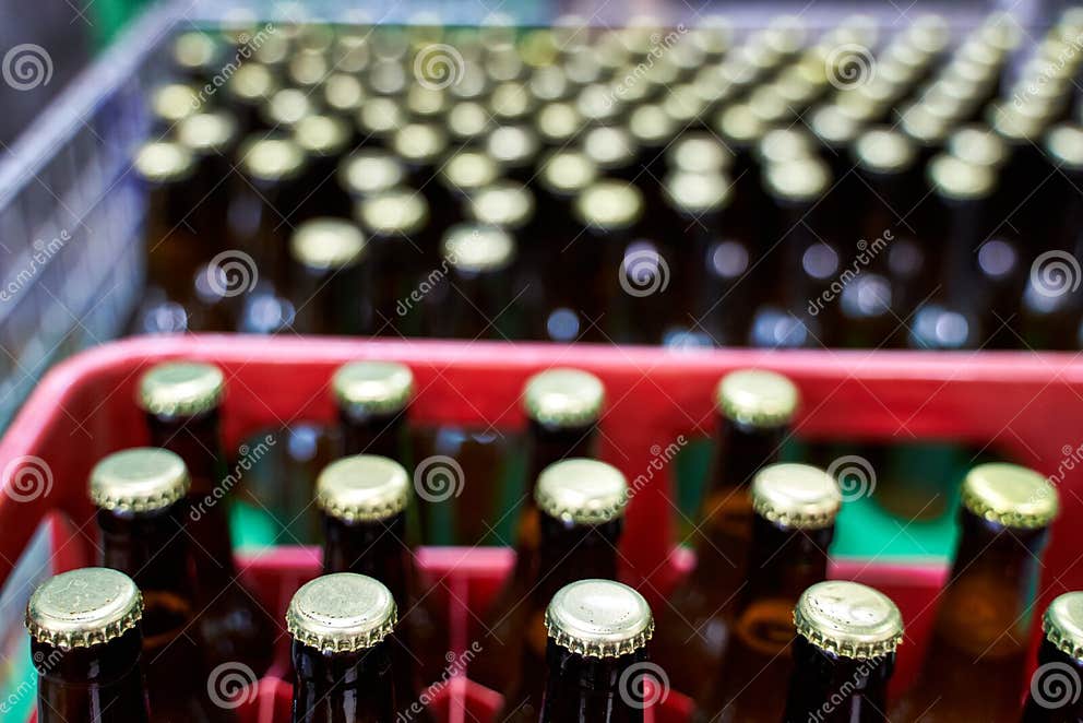 Group of Capped Beers Lined in Plastic Boxes in a Brewery Stock Image ...