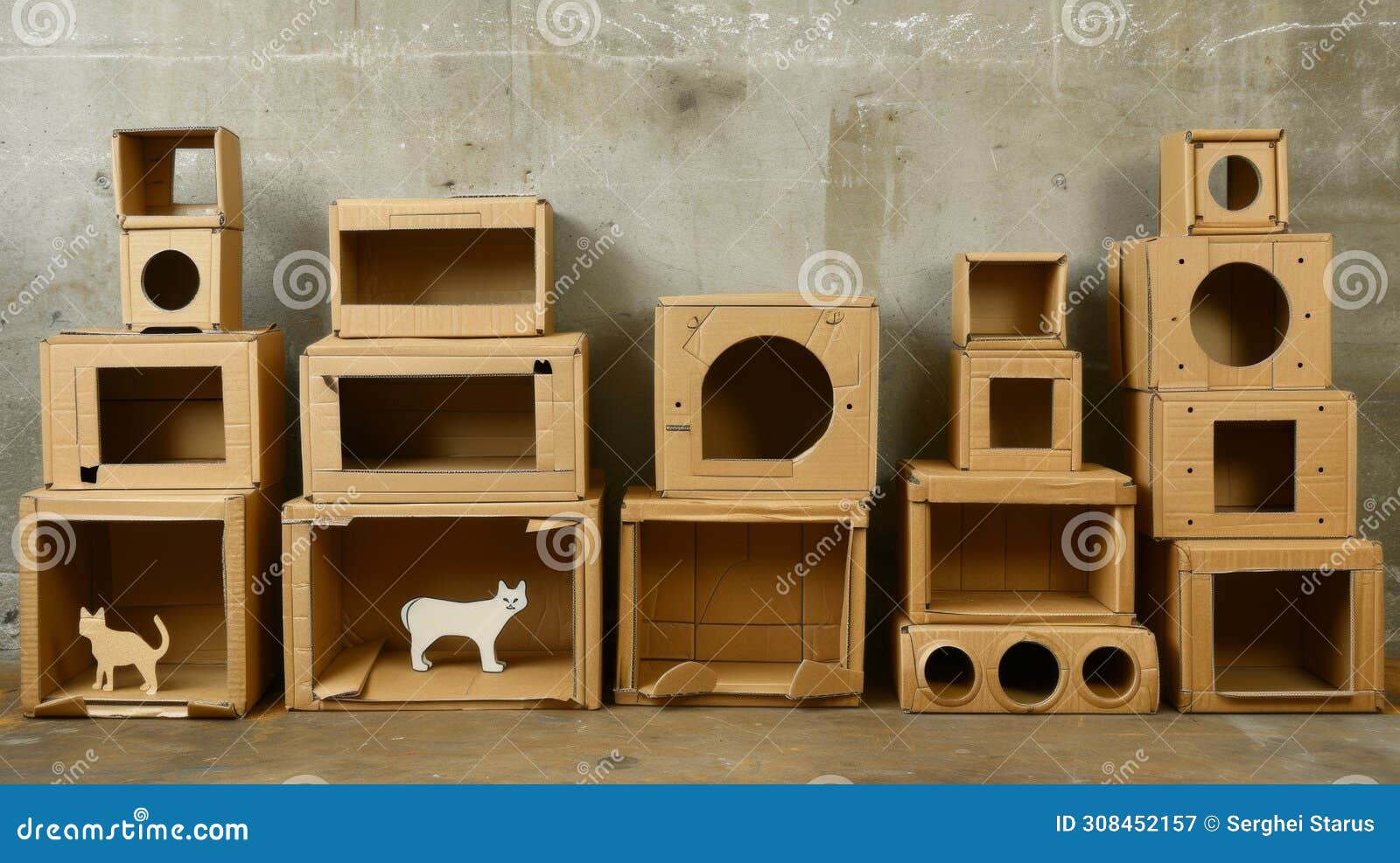 A Group of Cardboard Boxes with Cat and Dog Cut Outs, AI Stock Image ...