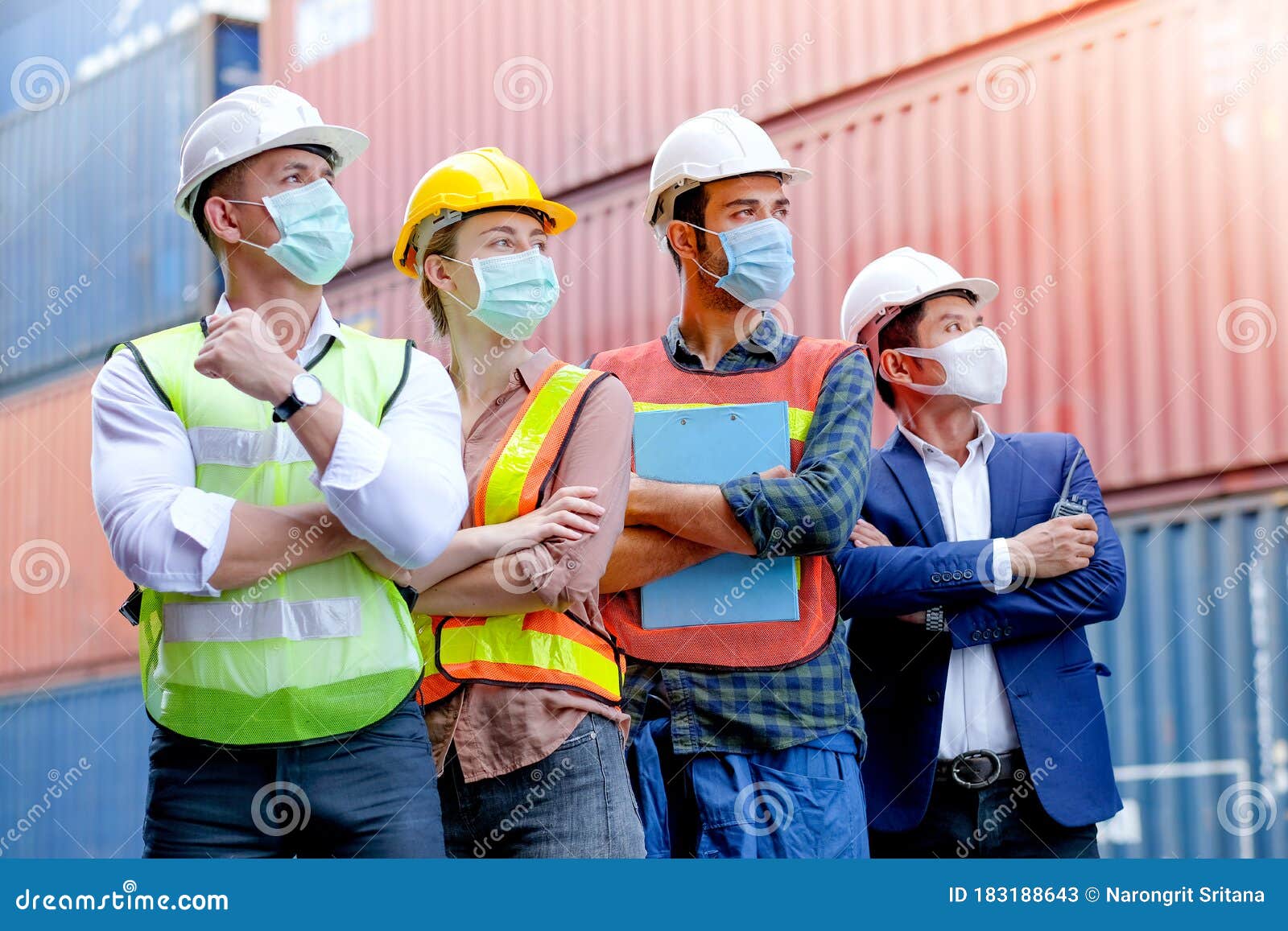 Group of Cargo Shipping Container Technician or Engineer Workers with ...