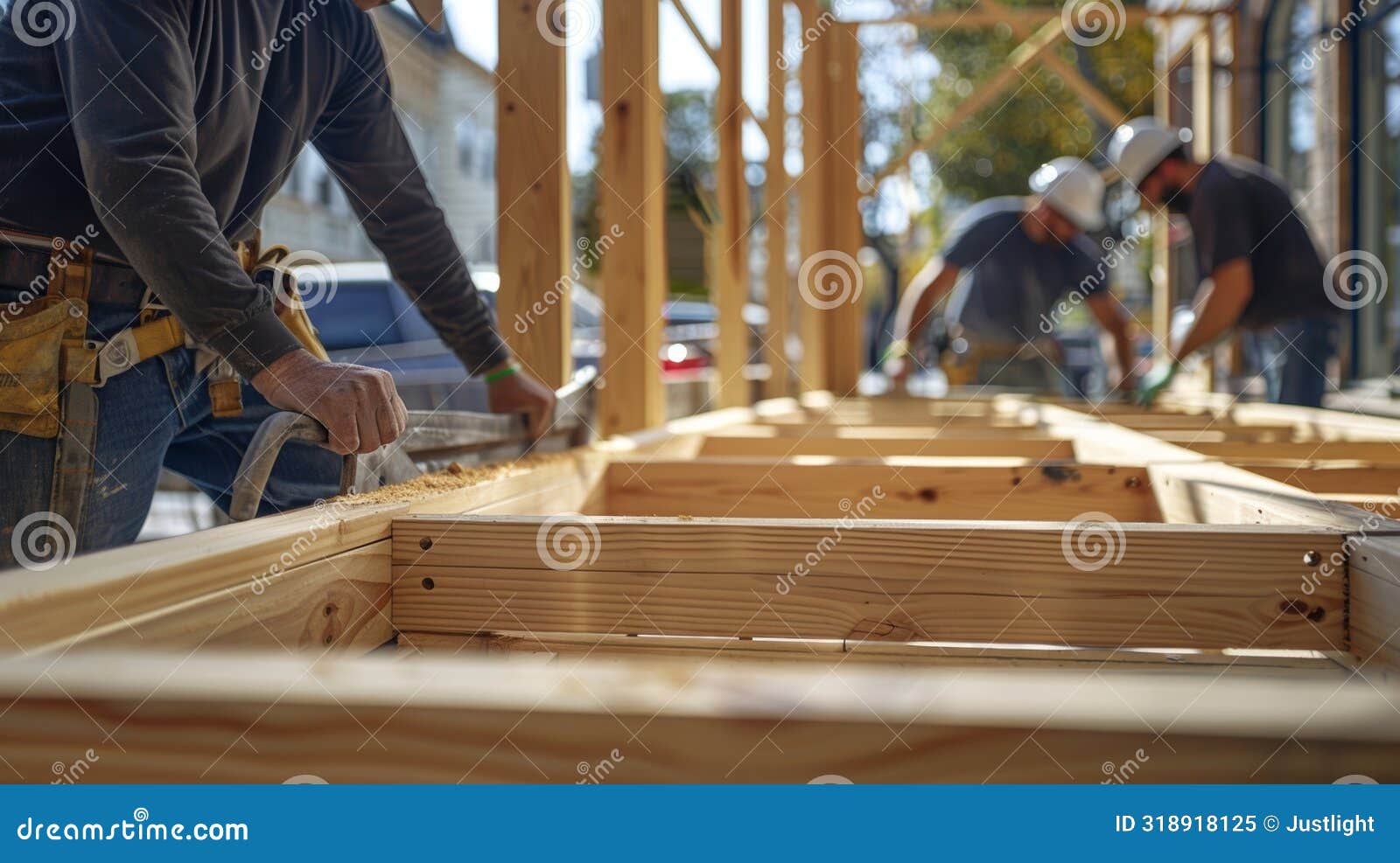 A Group of Carpenters Constructing the Wooden Frames for Storefront ...