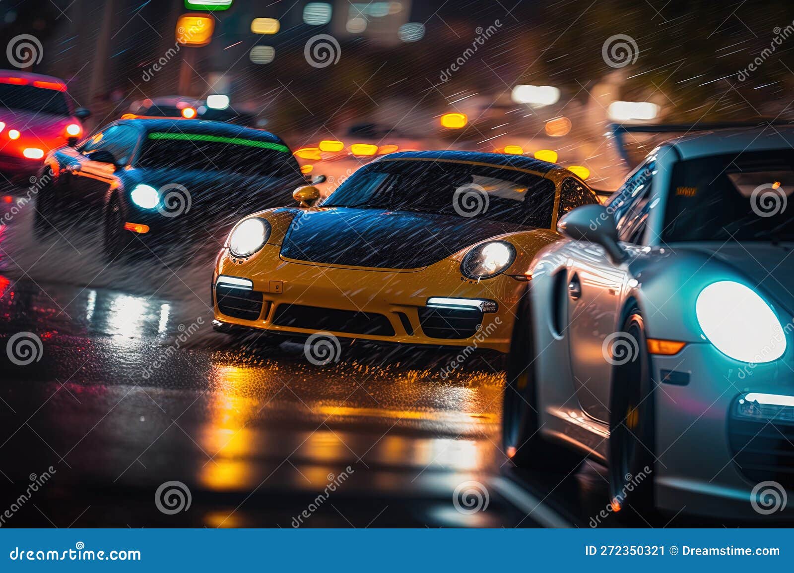 A Group of Cars Driving Down a Street in the Rain Stock Illustration ...