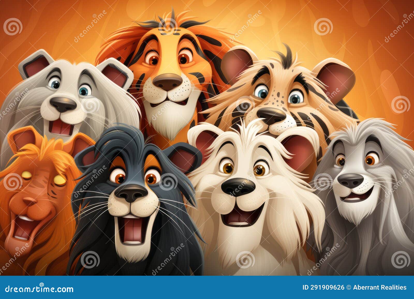 A Group of Cartoon Animals in Front of an Orange Background Stock ...