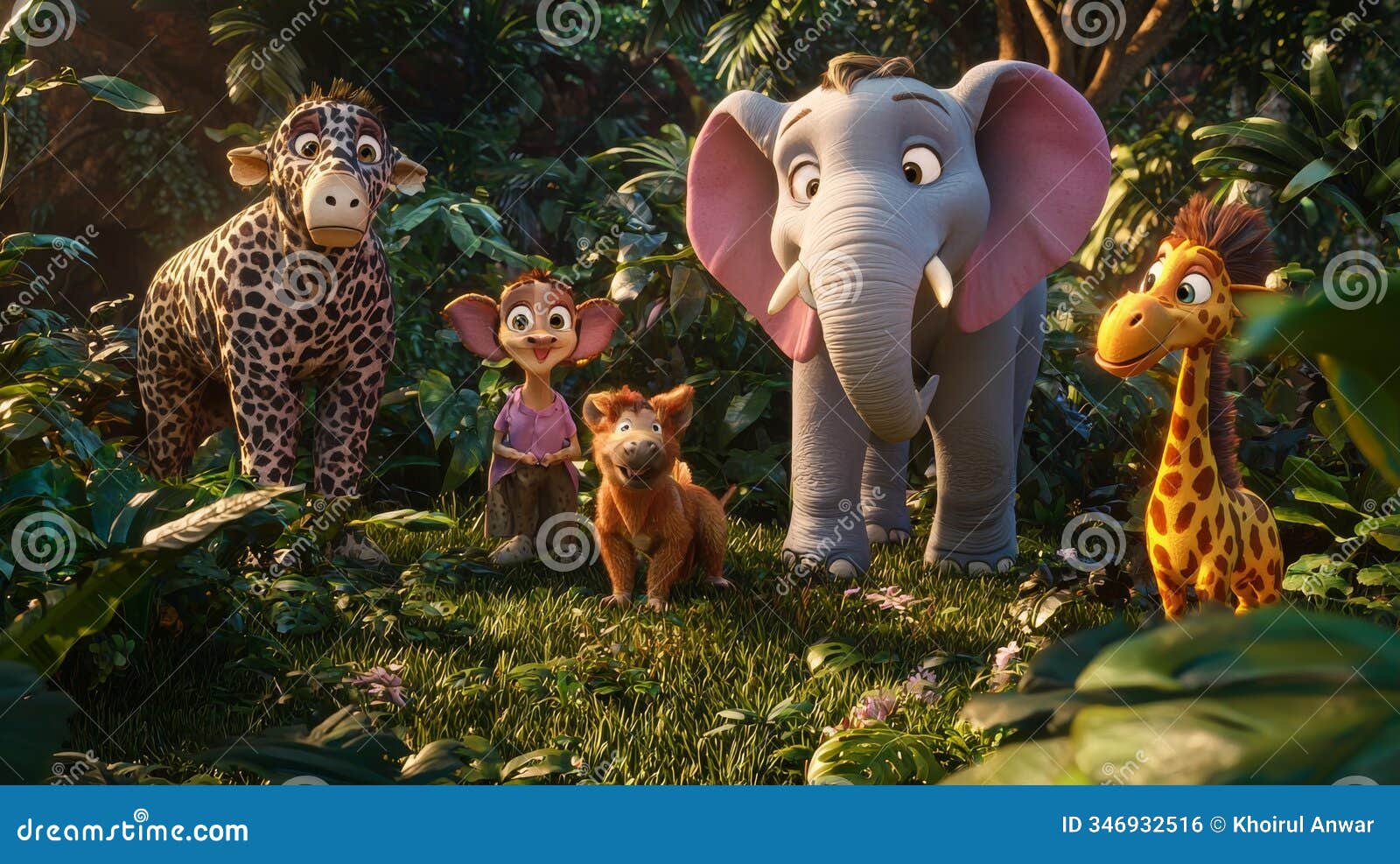 Group of Cartoon Animals in a Jungle Setting Stock Illustration ...