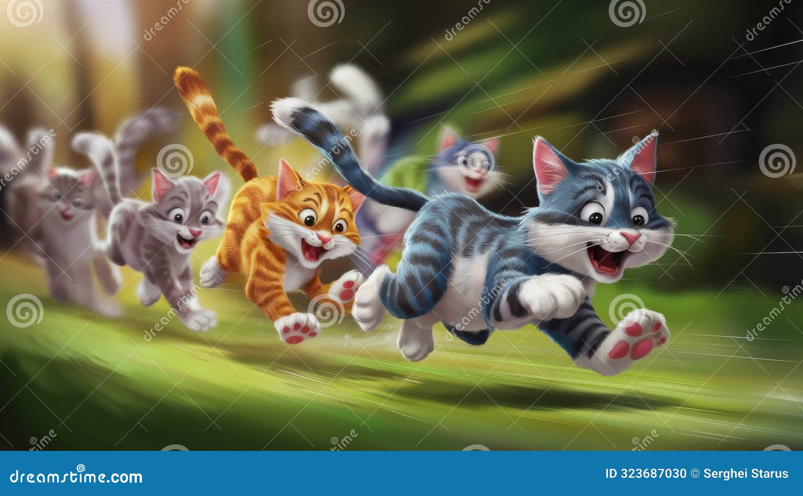 A Group of Cartoon Cats Running Together in a Line, AI Stock Photo ...