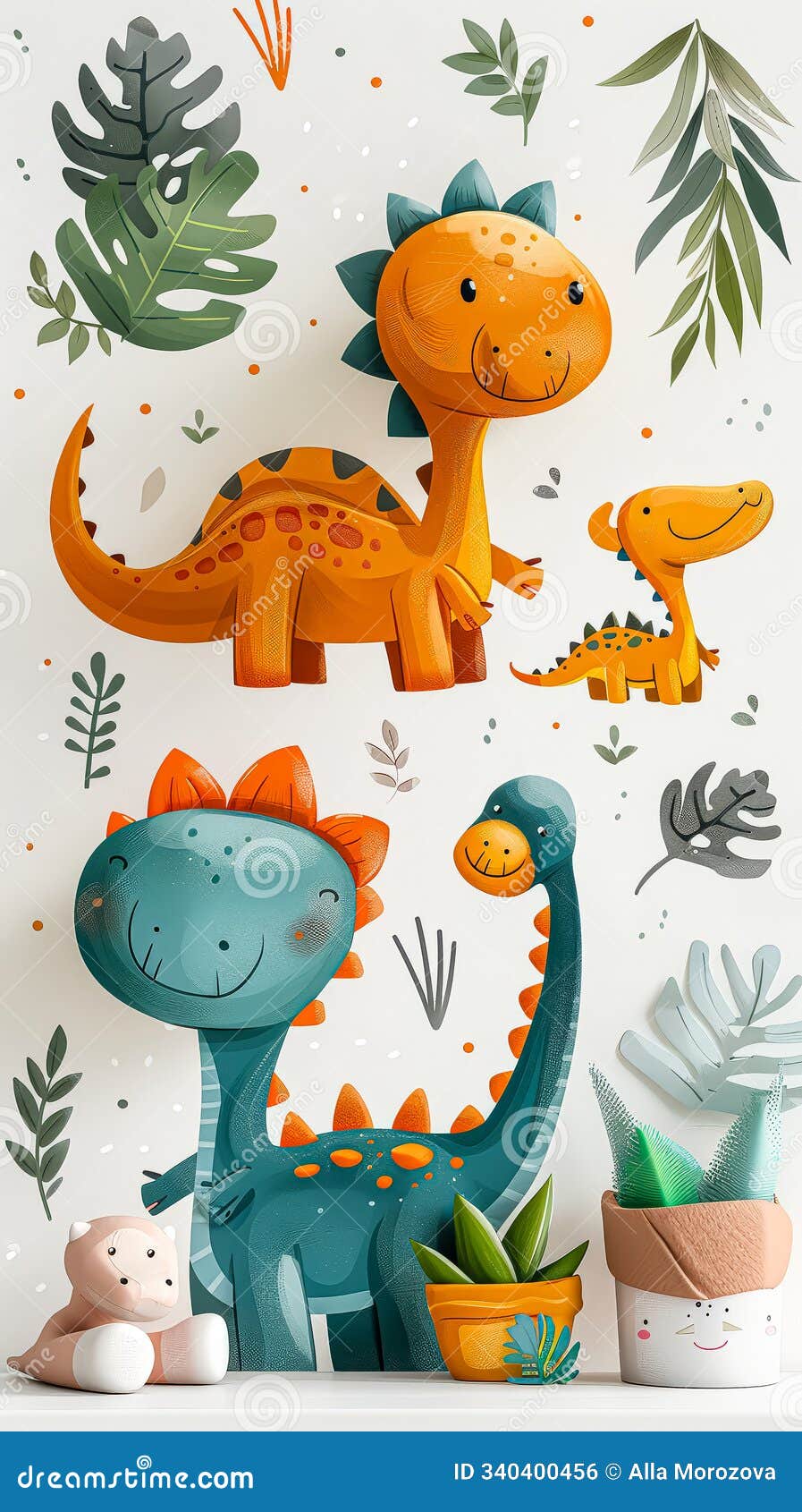 Group of Cartoon Dinosaurs are Sitting in Front of a Plant Stock Photo ...