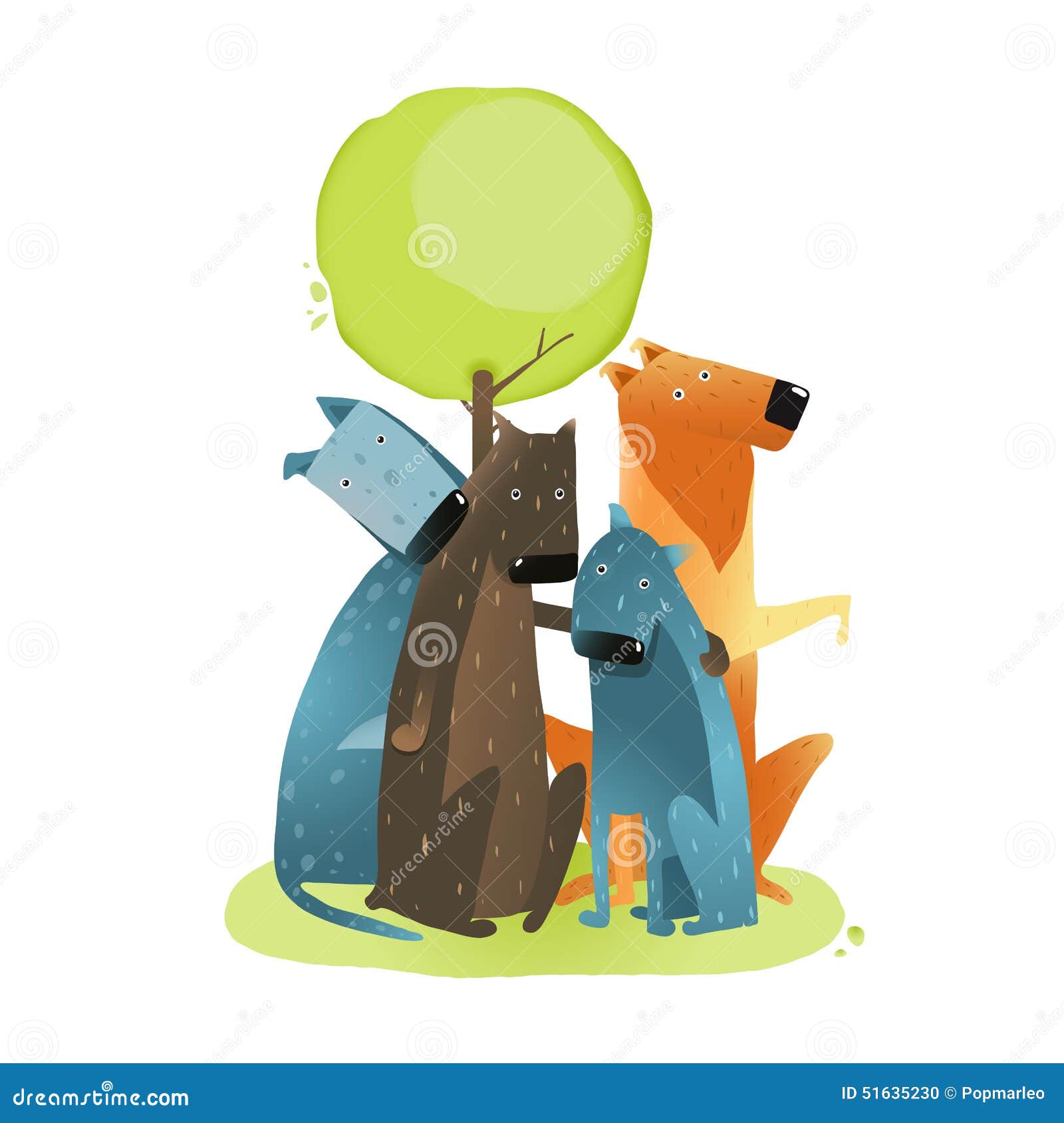 Group of Cartoon Dogs Sitting Under Tree Stock Vector - Illustration of ...