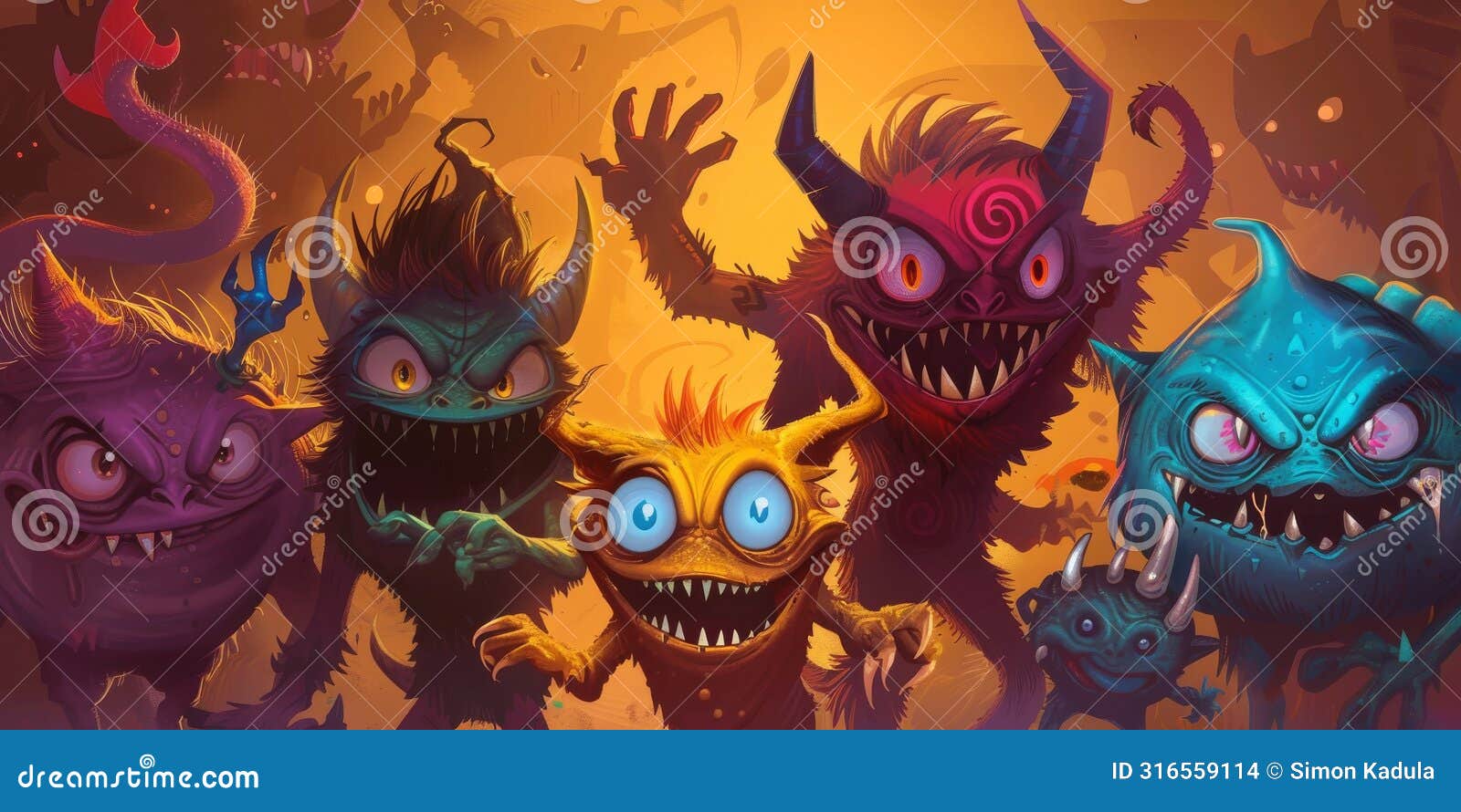 A Group of Cartoon Monsters Standing Next To Each Other in a Row Stock ...