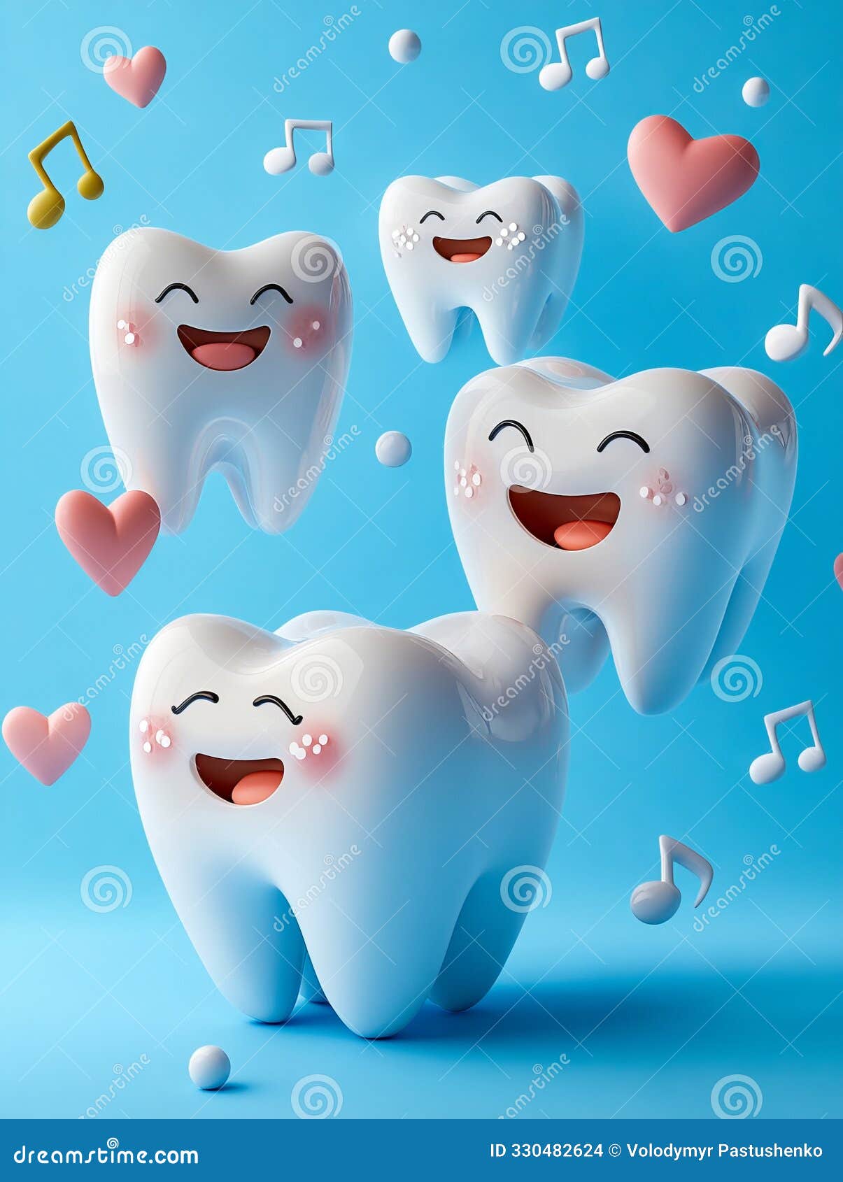 A Group of Cartoon Teeth with Hearts and Music Notes Stock Photo ...