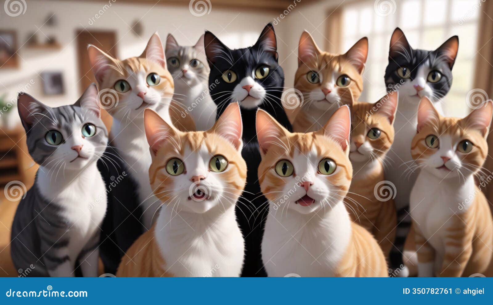 A Group of Cats with Curious Expressions Looking Directly at the Viewer ...