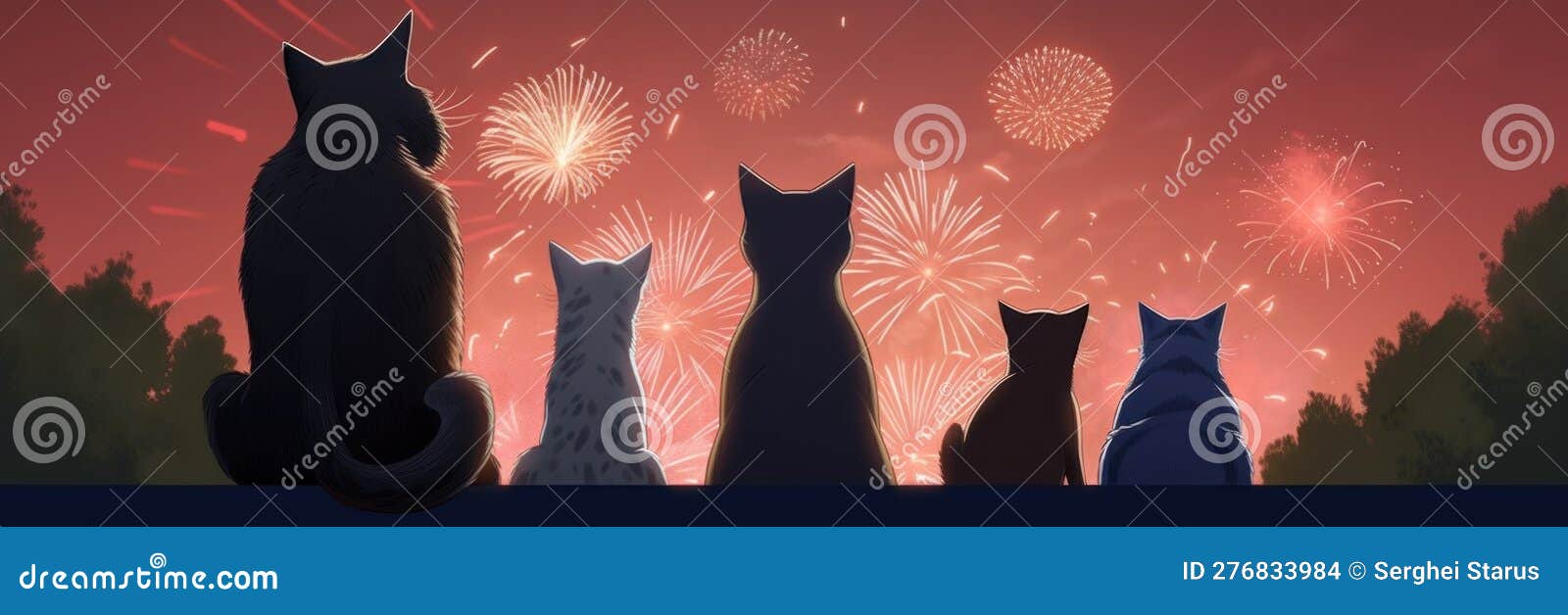 A Group of Cats Sitting in Front of a Firework Display. AI Generative ...