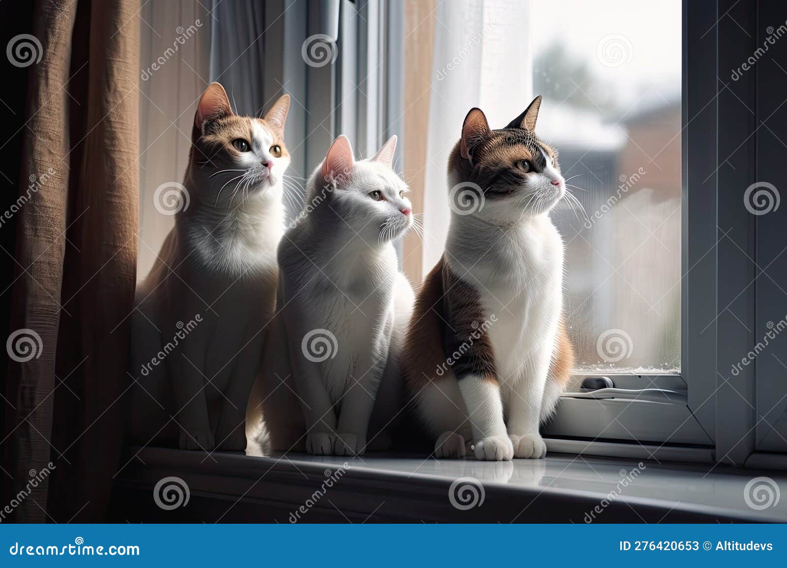 A Group of Cats Sitting on a Windowsill, Watching the Outside World ...