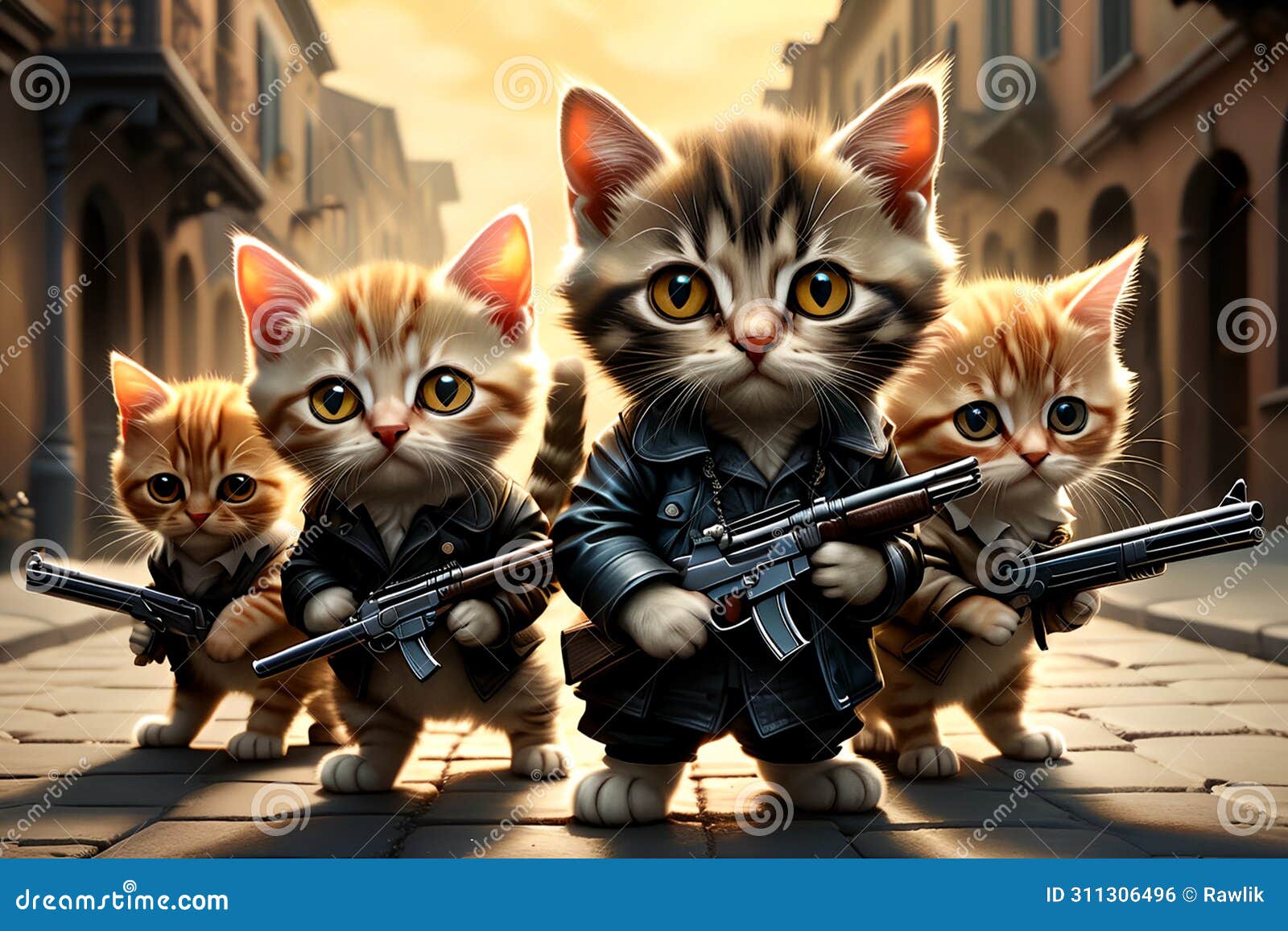 A Group of Cats with Weapons in Their Paws. Stock Photo - Image of city ...