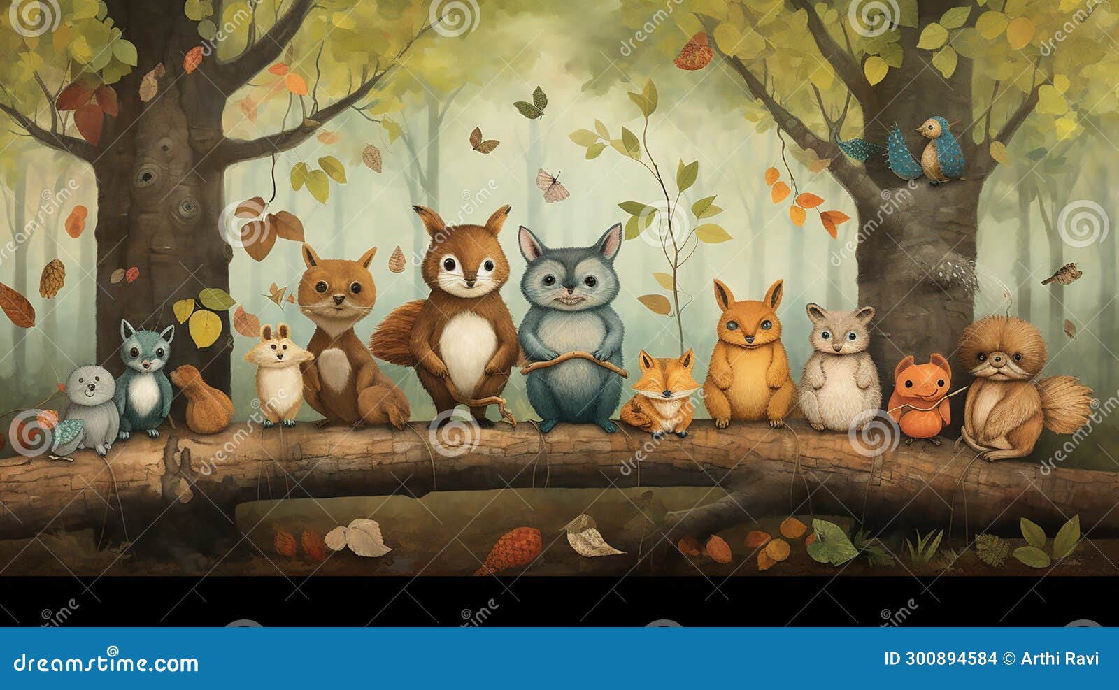 A Group of Cheerful Animals in a Forest Stock Illustration ...