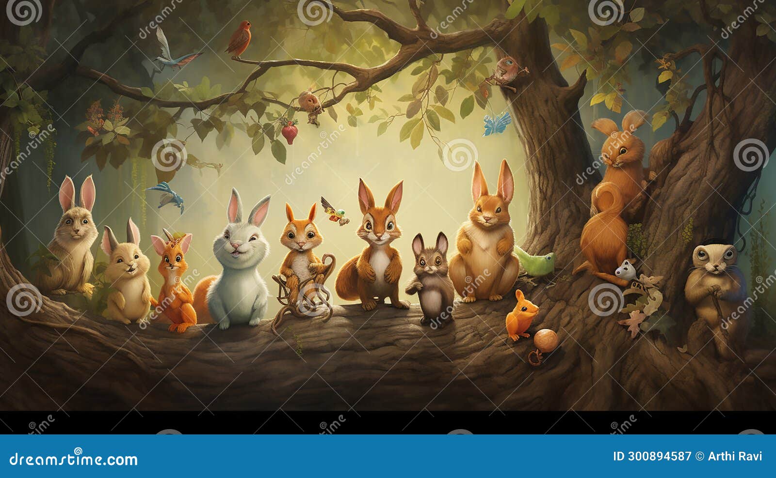 A Group of Cheerful Animals in a Forest Stock Illustration ...