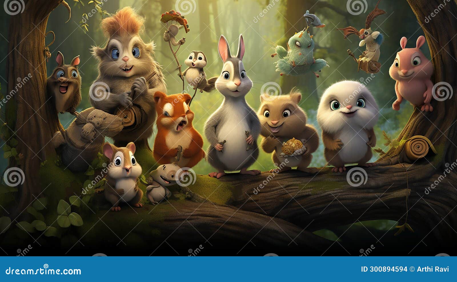 A Group of Cheerful Animals in a Forest Stock Illustration ...
