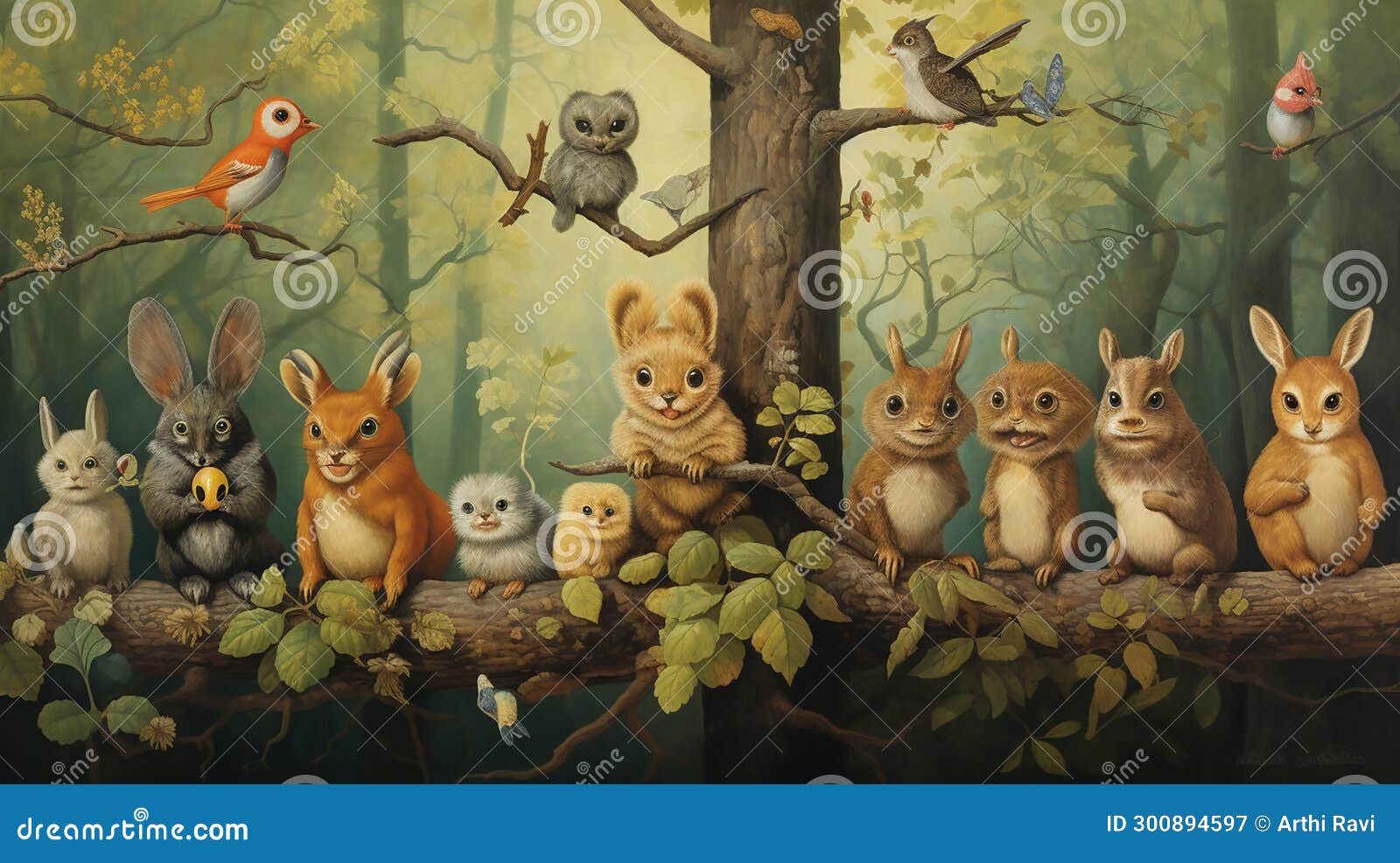 A Group of Cheerful Animals in a Forest Stock Illustration ...