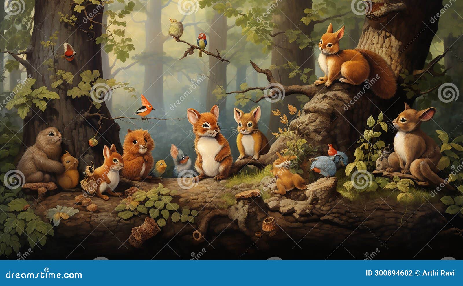 A Group of Cheerful Animals in a Forest Stock Illustration ...
