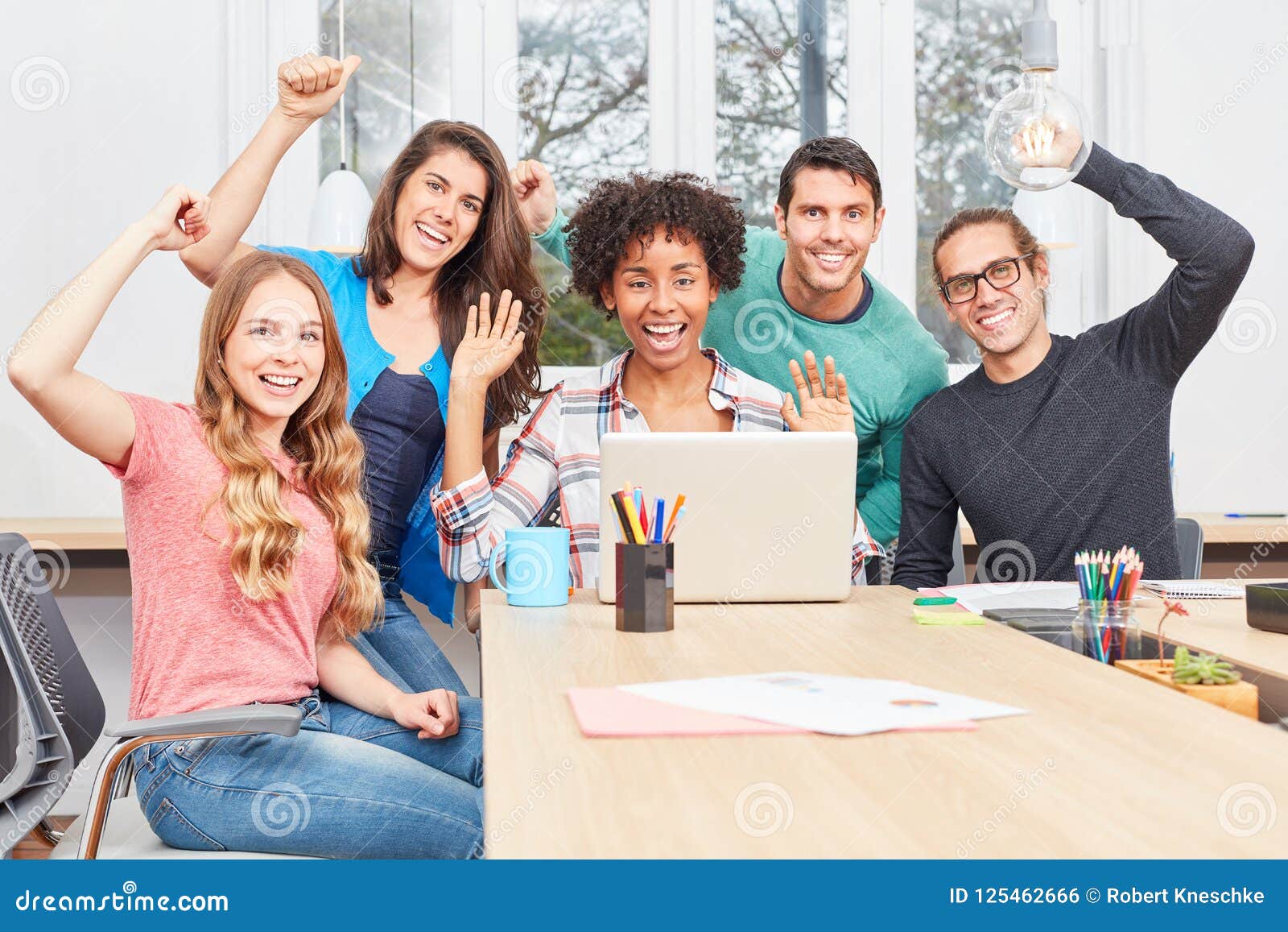 Group of Cheering Students with Laptop Stock Photo - Image of positive ...