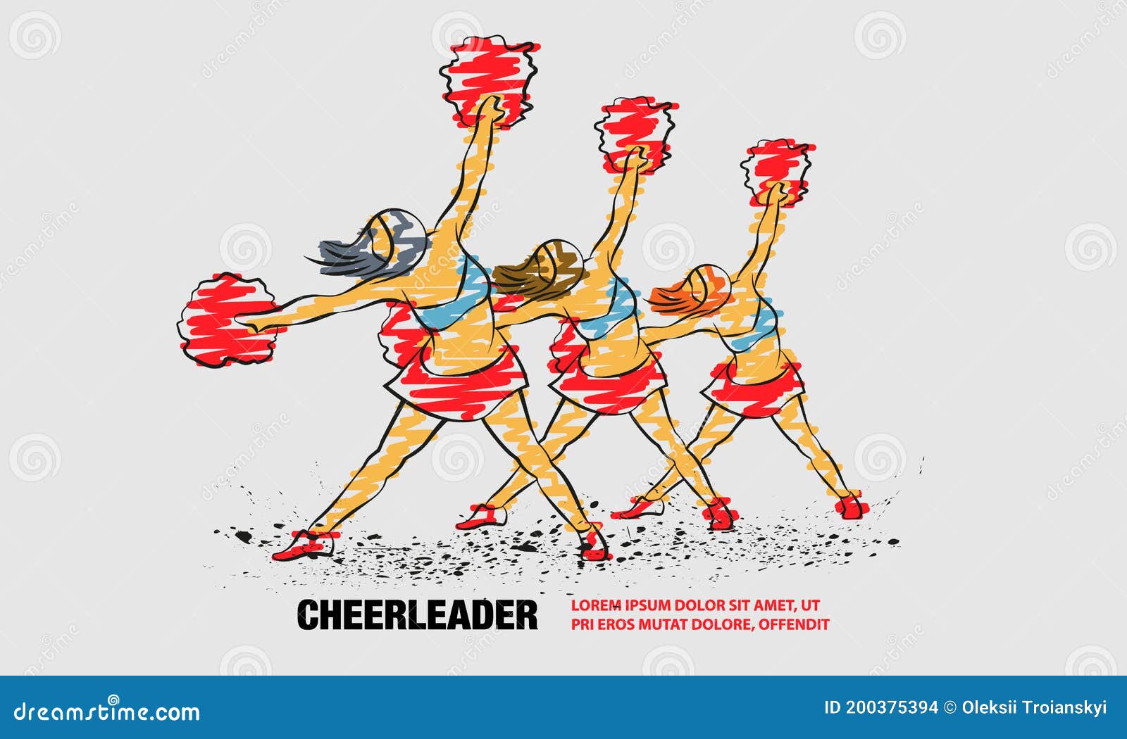 Group of Cheerleaders Dances with Pom Poms. Vector Outline of Sport ...