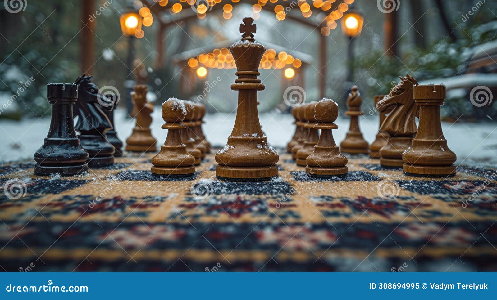 Group of Chess Pieces on Rug Classic Strategy Game Set Up for Play ...