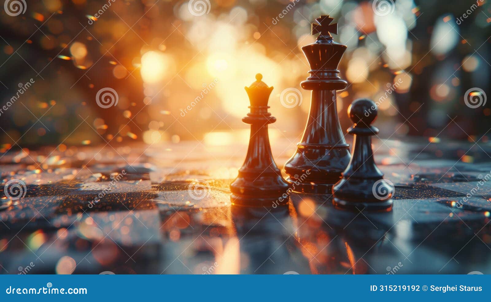 A Group of Chess Pieces on a Table with Sun Shining through, AI Stock ...
