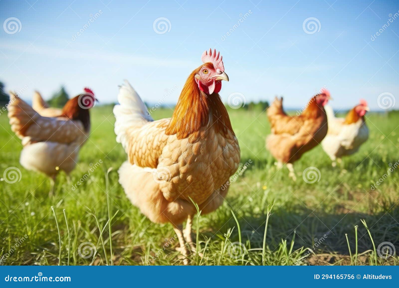 A Group of Chickens Roaming Freely on a Sunny Meadow Stock Illustration ...