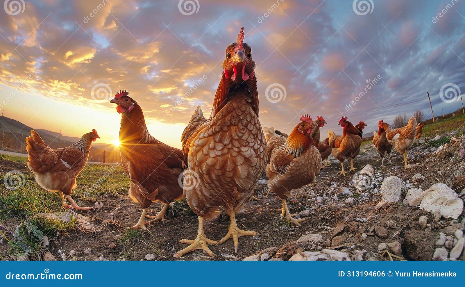 A Group of Chickens Standing on Top of a Green Field Stock Illustration ...