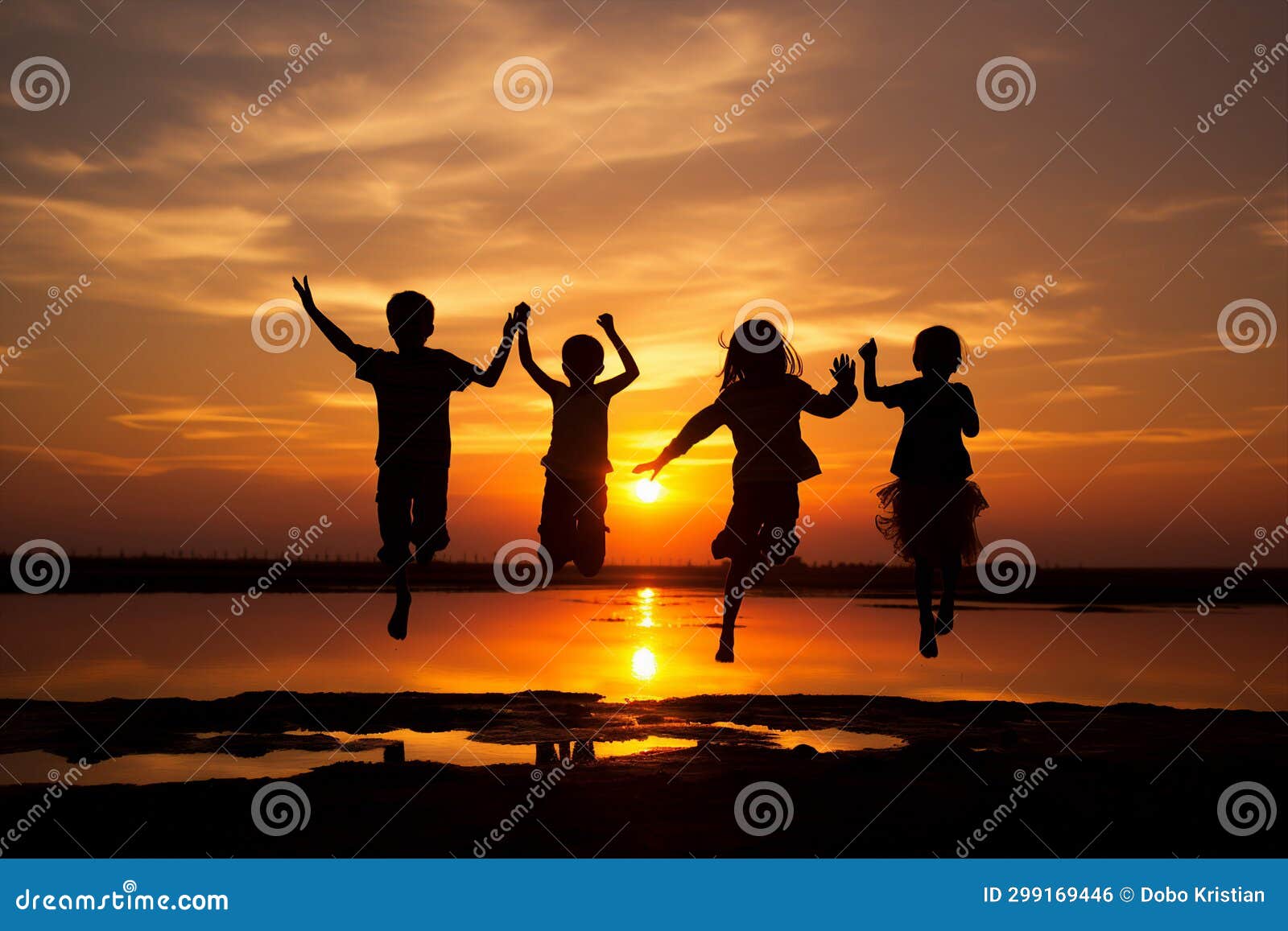 Group of Child Jump in Sunset Silhouette Stock Illustration ...