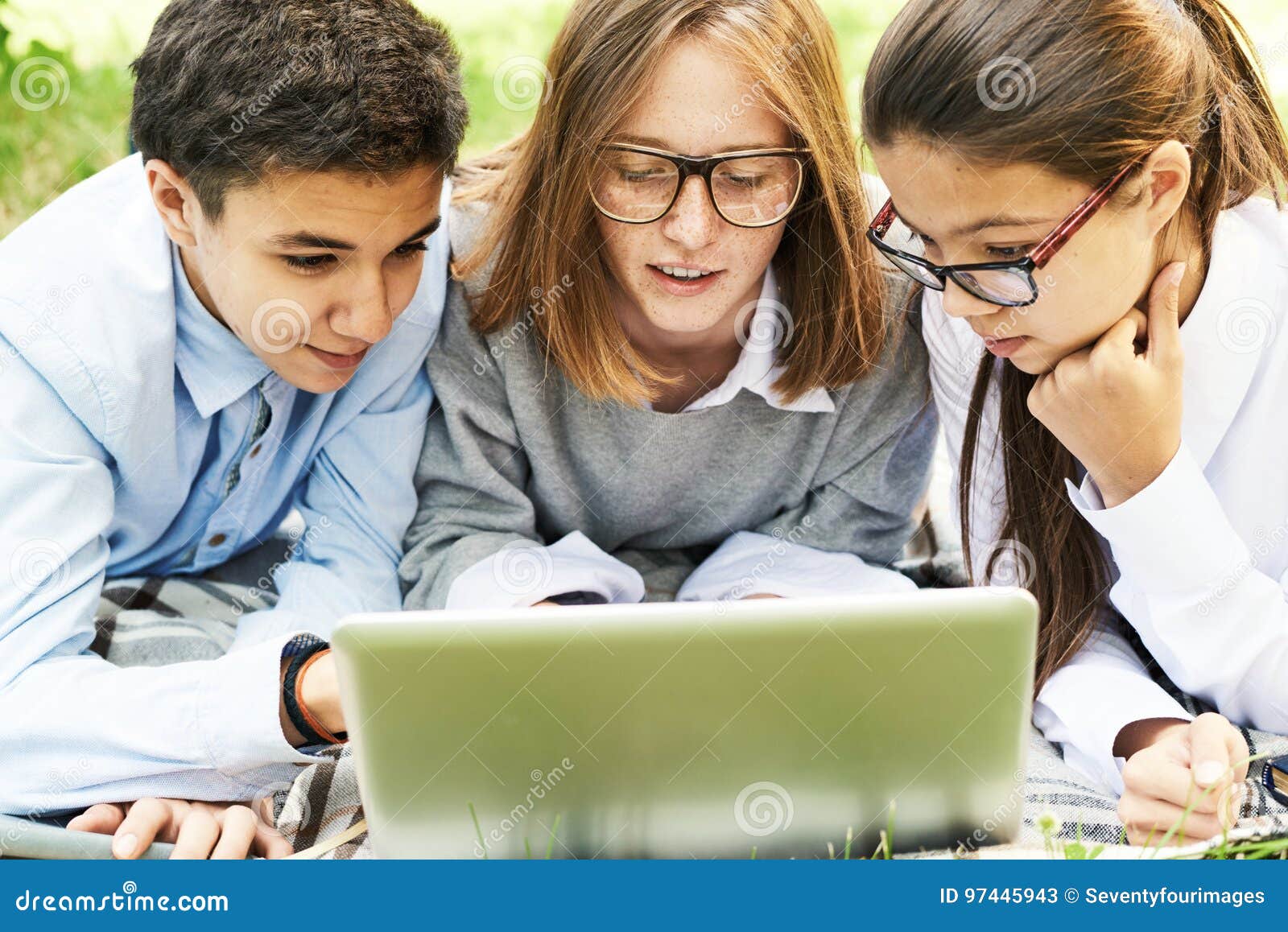 Group of Children Browsing Internet Outdoors Stock Image - Image of ...