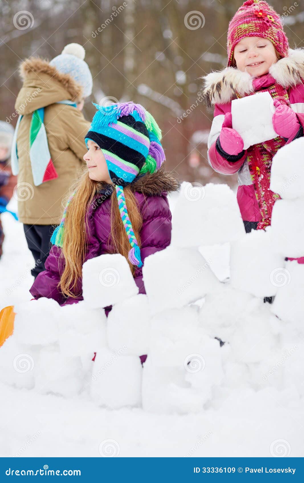 Group of Children Builds Wall from Snow Blocks Stock Image - Image of ...