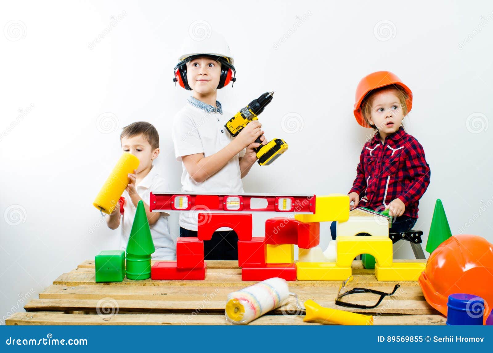 A Group of Children with Construction Tools, Isolate of White ...