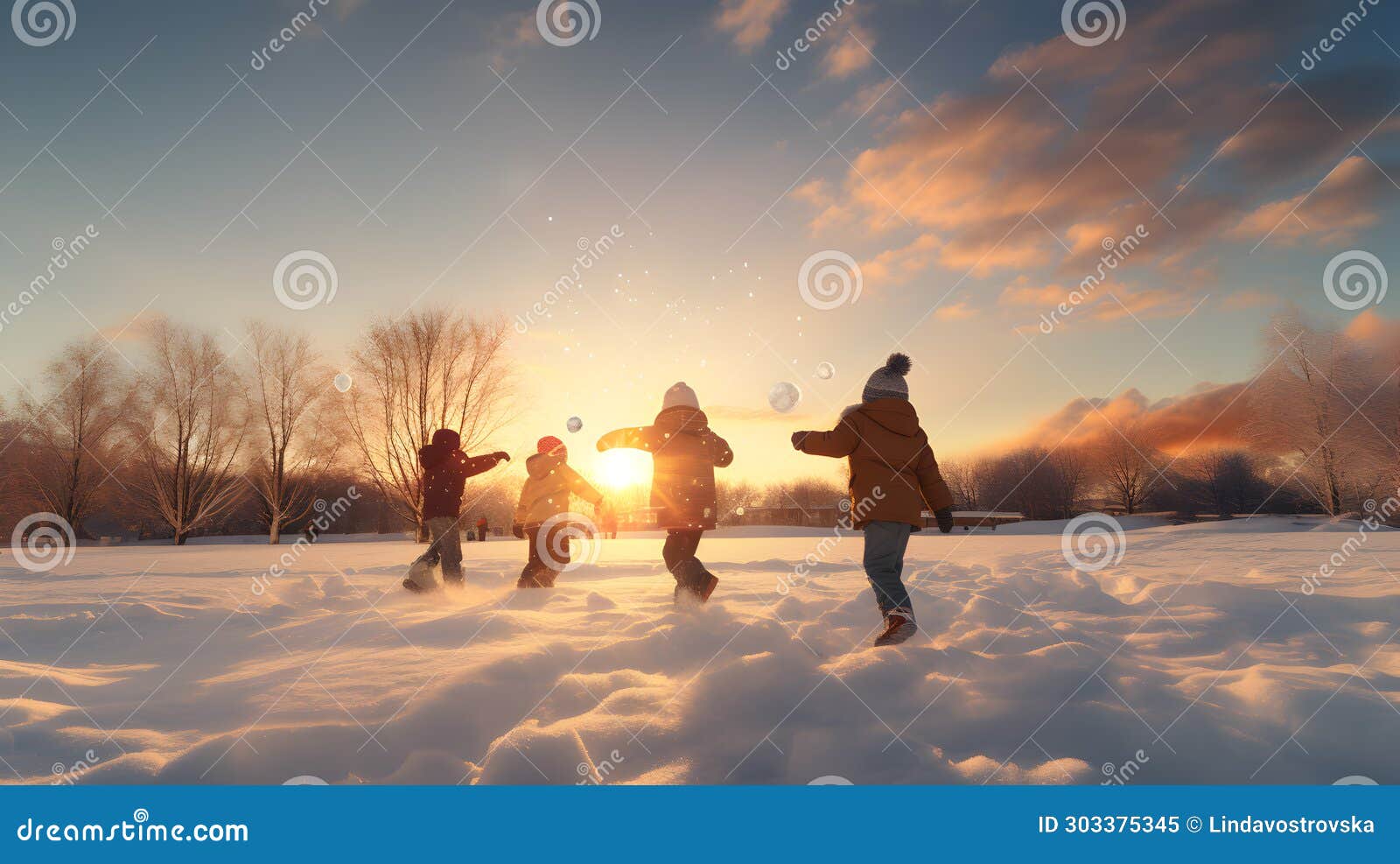 Group of Children Doing Snowball Fight, Having Fun Outdoors. Stock ...