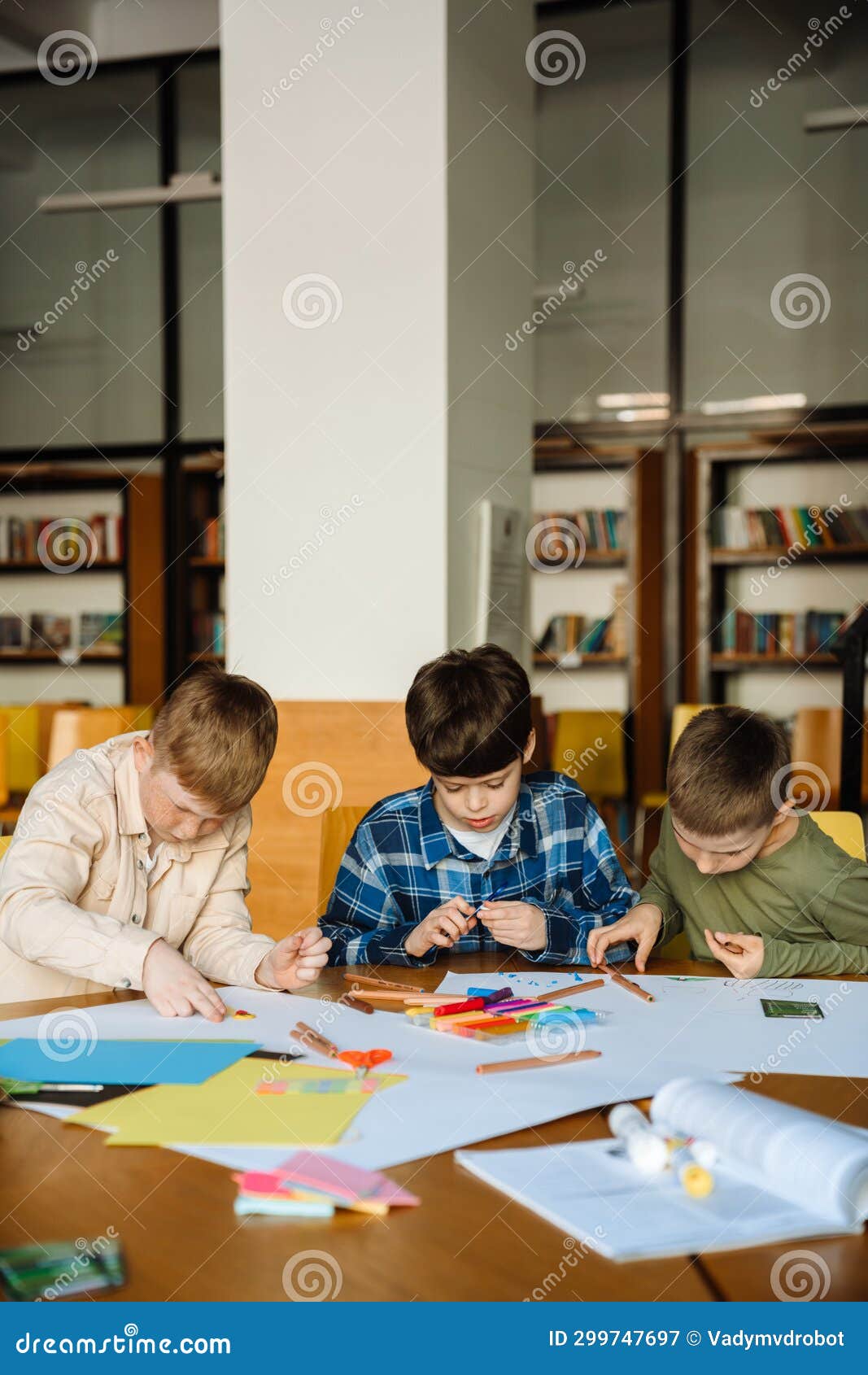 Group of Children Drawing during Art Lesson in Library Stock Image ...