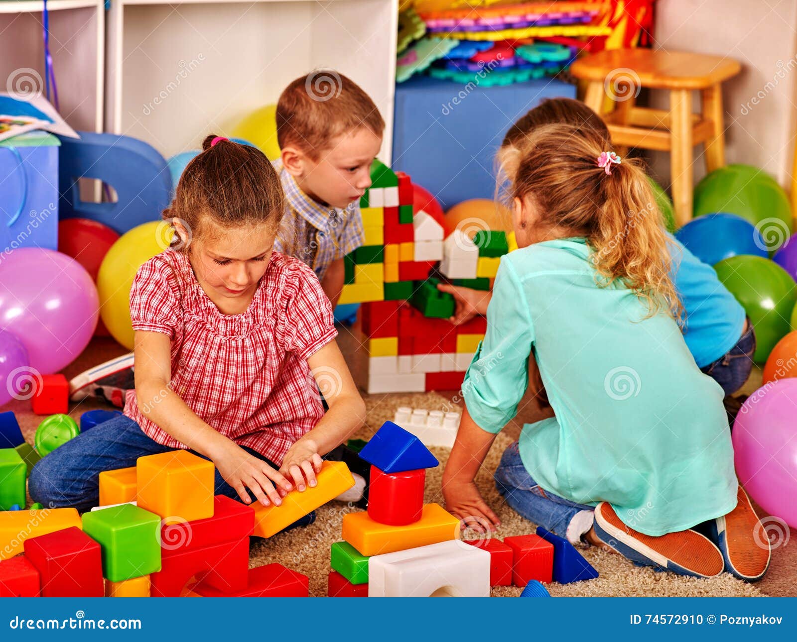 Group Children Game Blocks on Floor . Stock Photo - Image of childcare ...