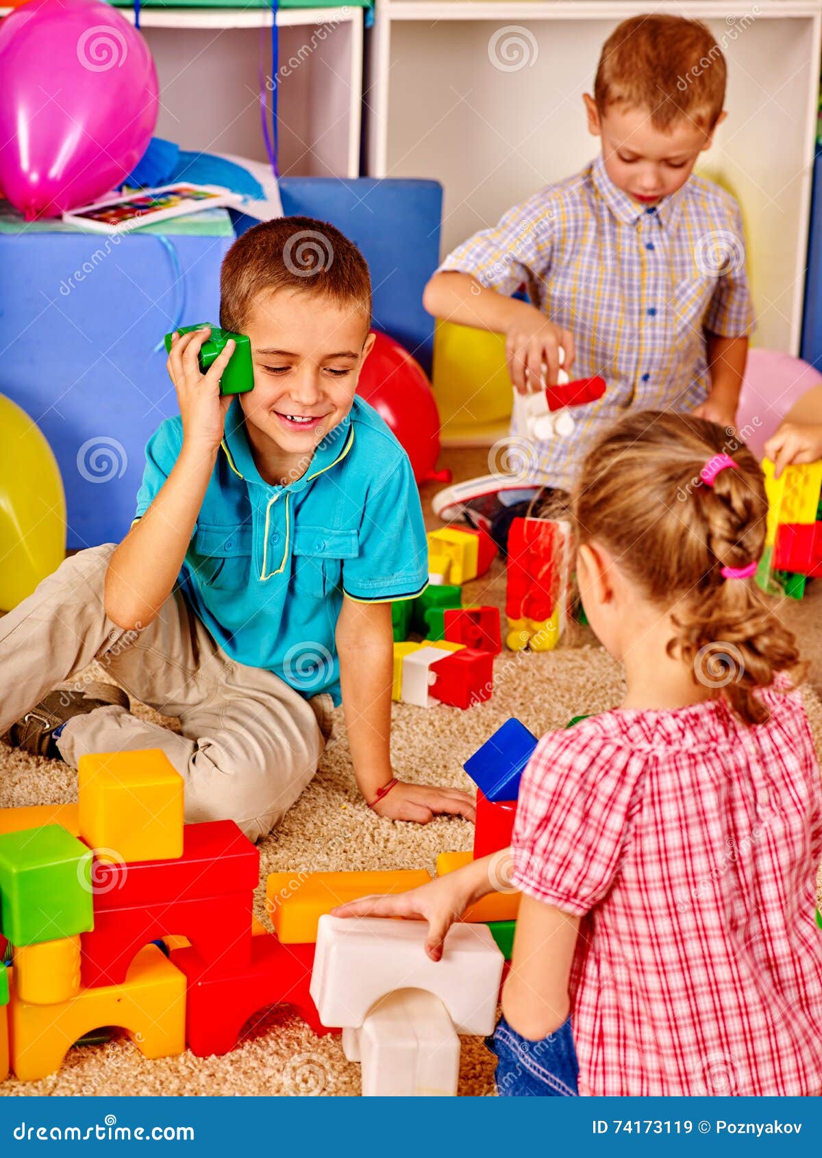 Group Children Game Blocks on Floor . Stock Image - Image of indoor ...