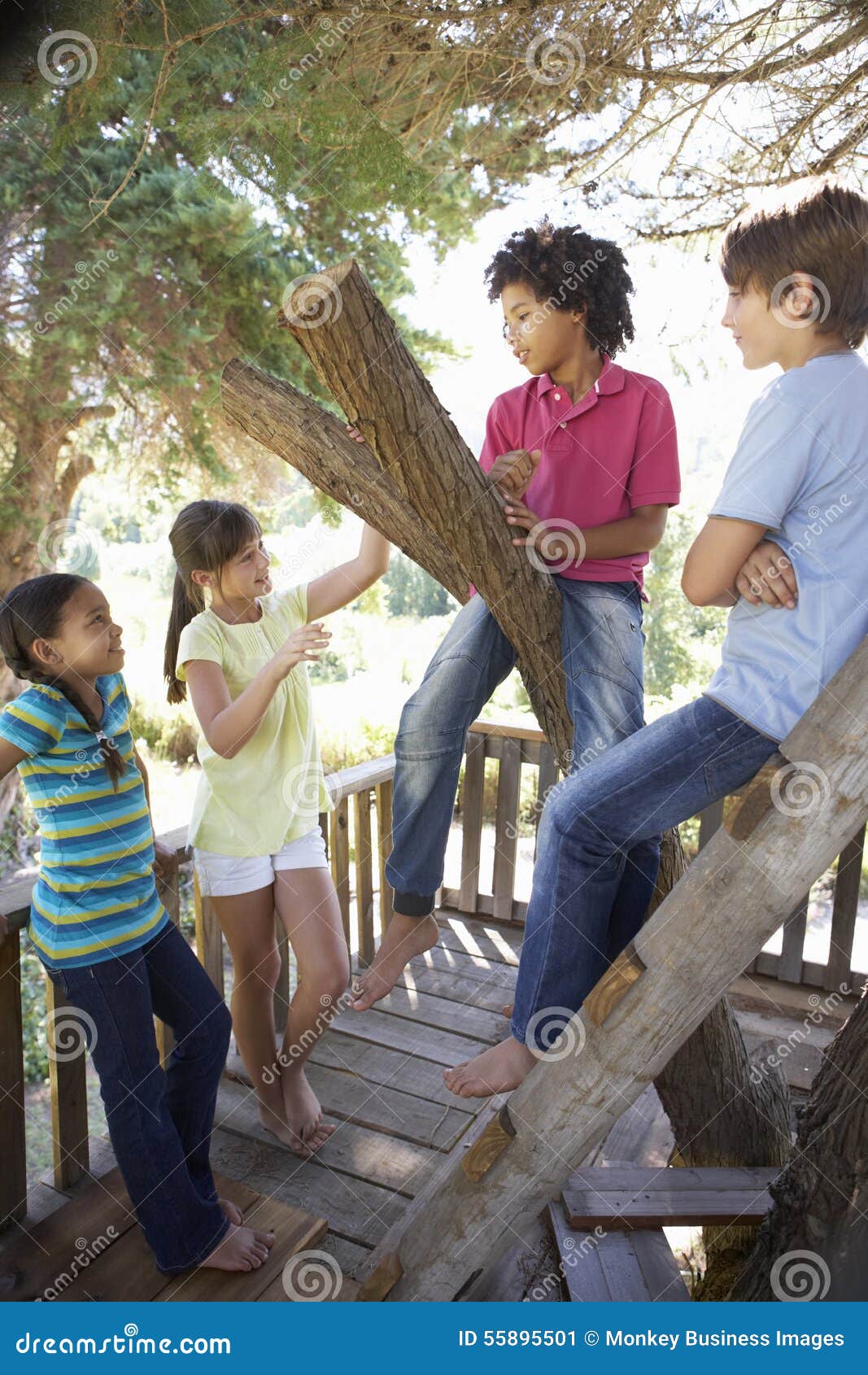 Group of Children Hanging Out in Treehouse Together Stock Image - Image ...