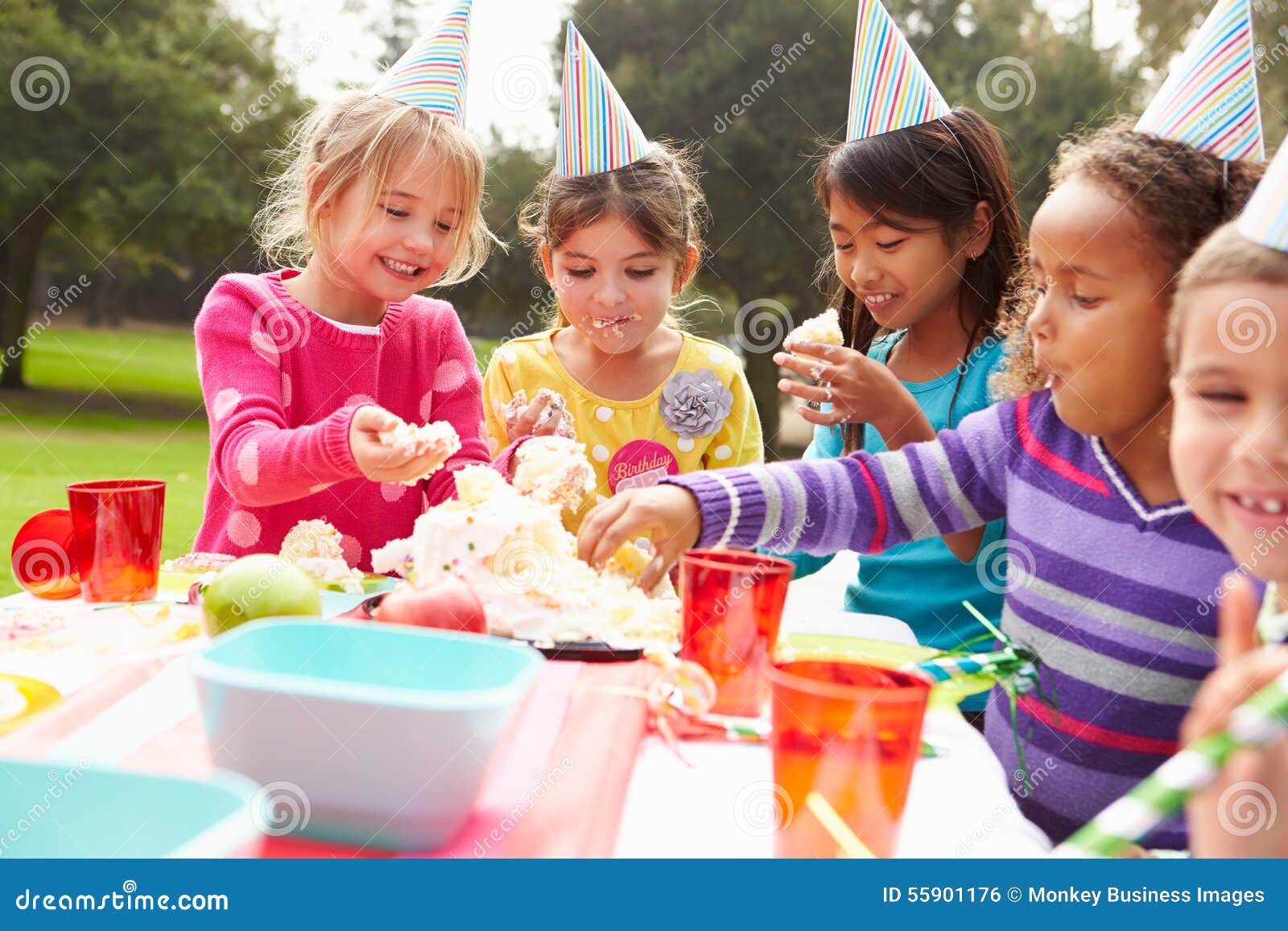 Group of Children Having Outdoor Birthday Party Stock Photo - Image of ...