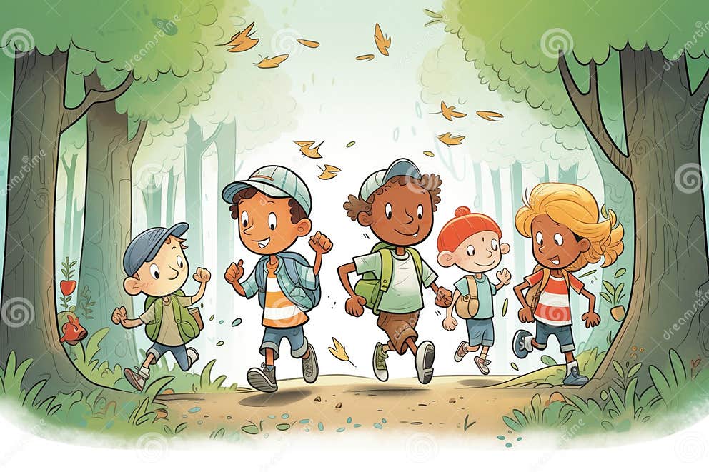 Group of Children Hiking in a Dense Forest Stock Illustration ...