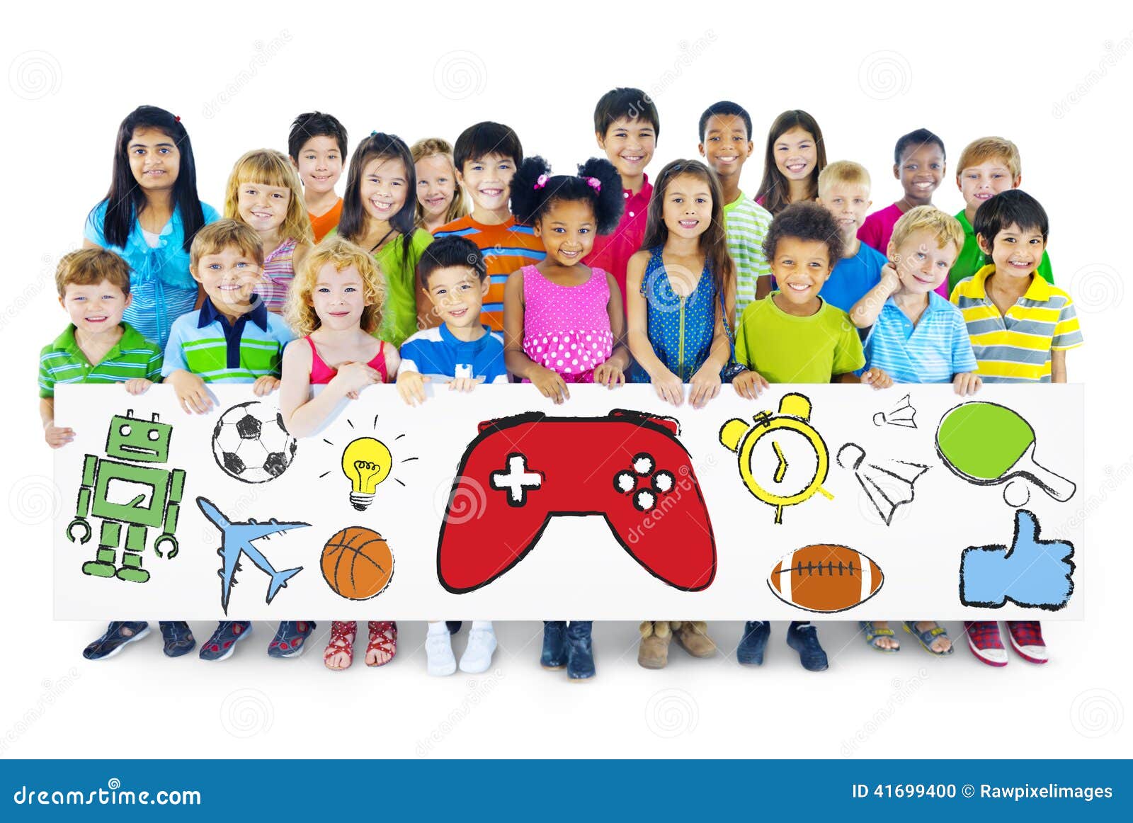 Group of Children Holding Board with Activities Symbol Stock Photo ...